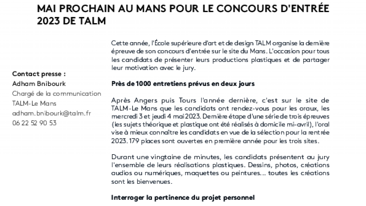 Communiqué de presse oral concours d'entrée TALM 2023 | École ...